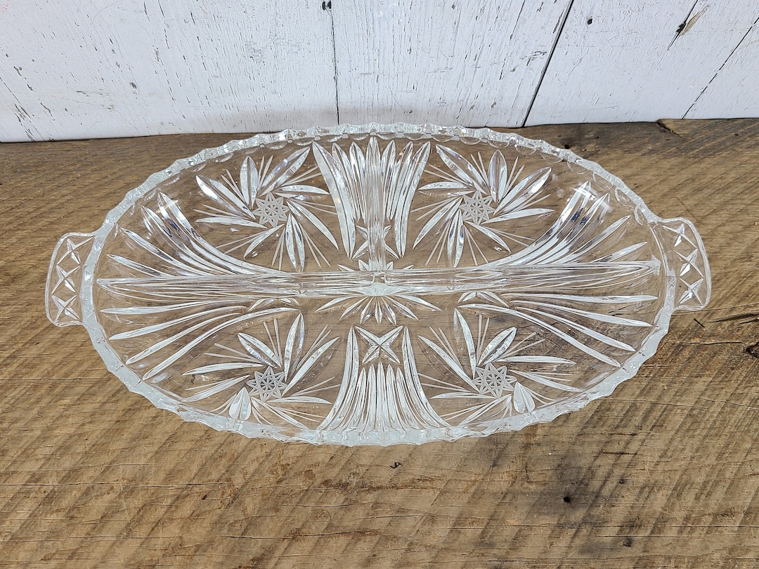 Vintage Crystal Relish Dish 12 Wide Divided Party Platter Appetizer ...