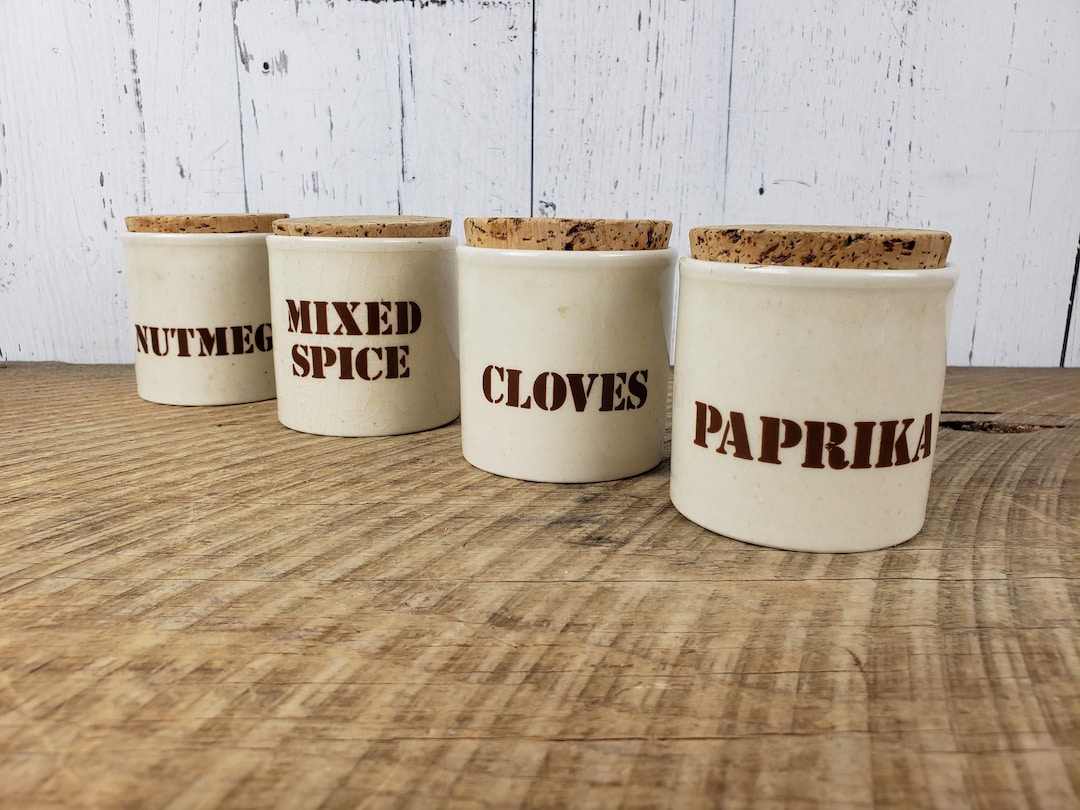 Vintage Set of 4 Spice Jars Stoneware Ceramic W/ Cork Lids Cloves ...