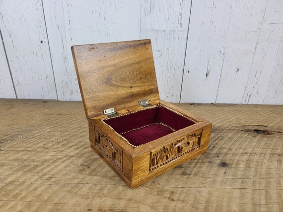 Vintage Rustic Wood Treasure Box Hand Carved Landscap… - Gem