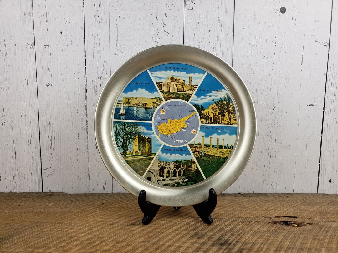 Vintage 70s Cyprus Landmarks Decorative Metal Tray Platter Souvenir ...