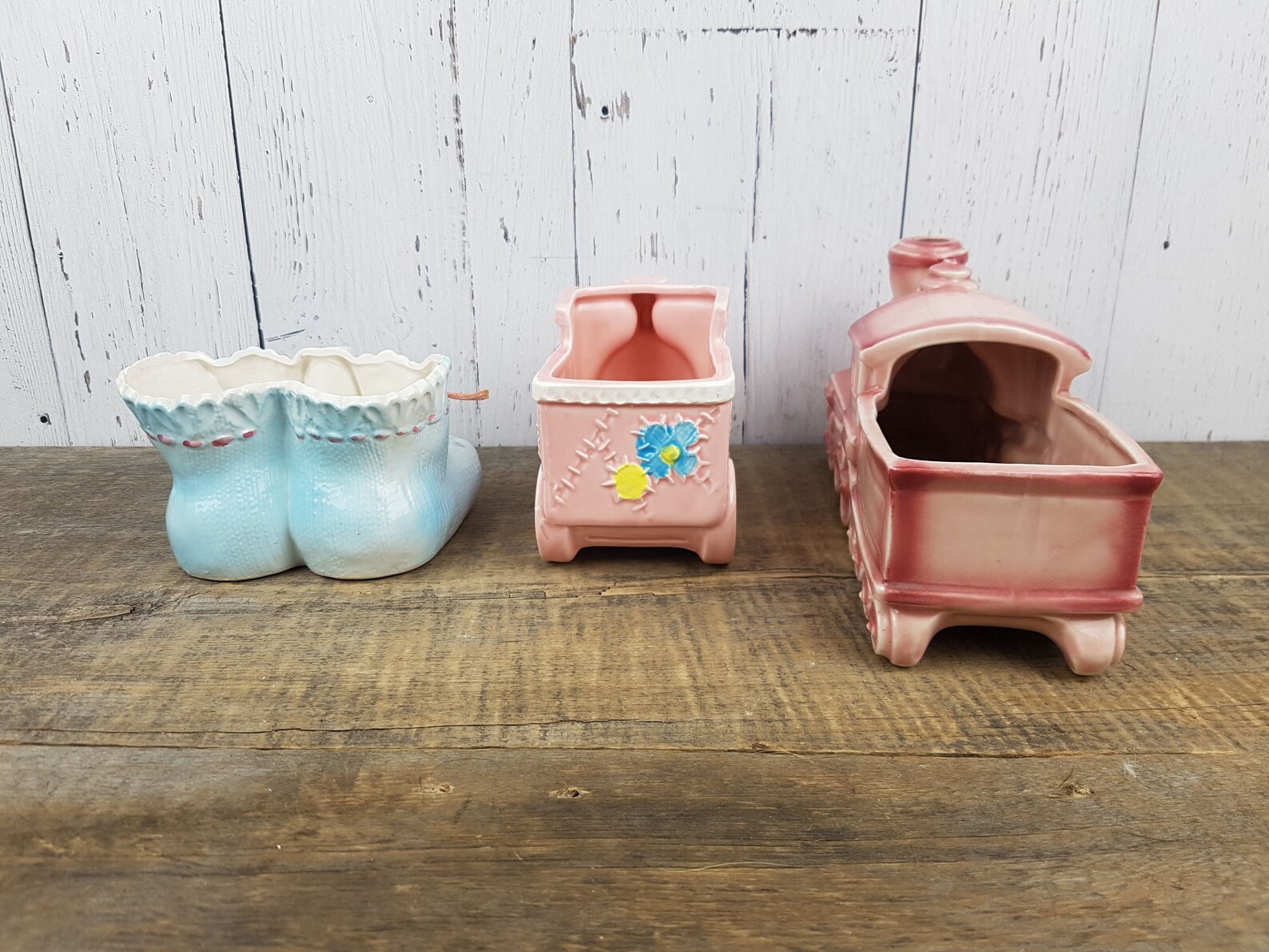 Vintage 50s Set of 3 Baby Planters Trains Booties Pink & Blue - Etsy