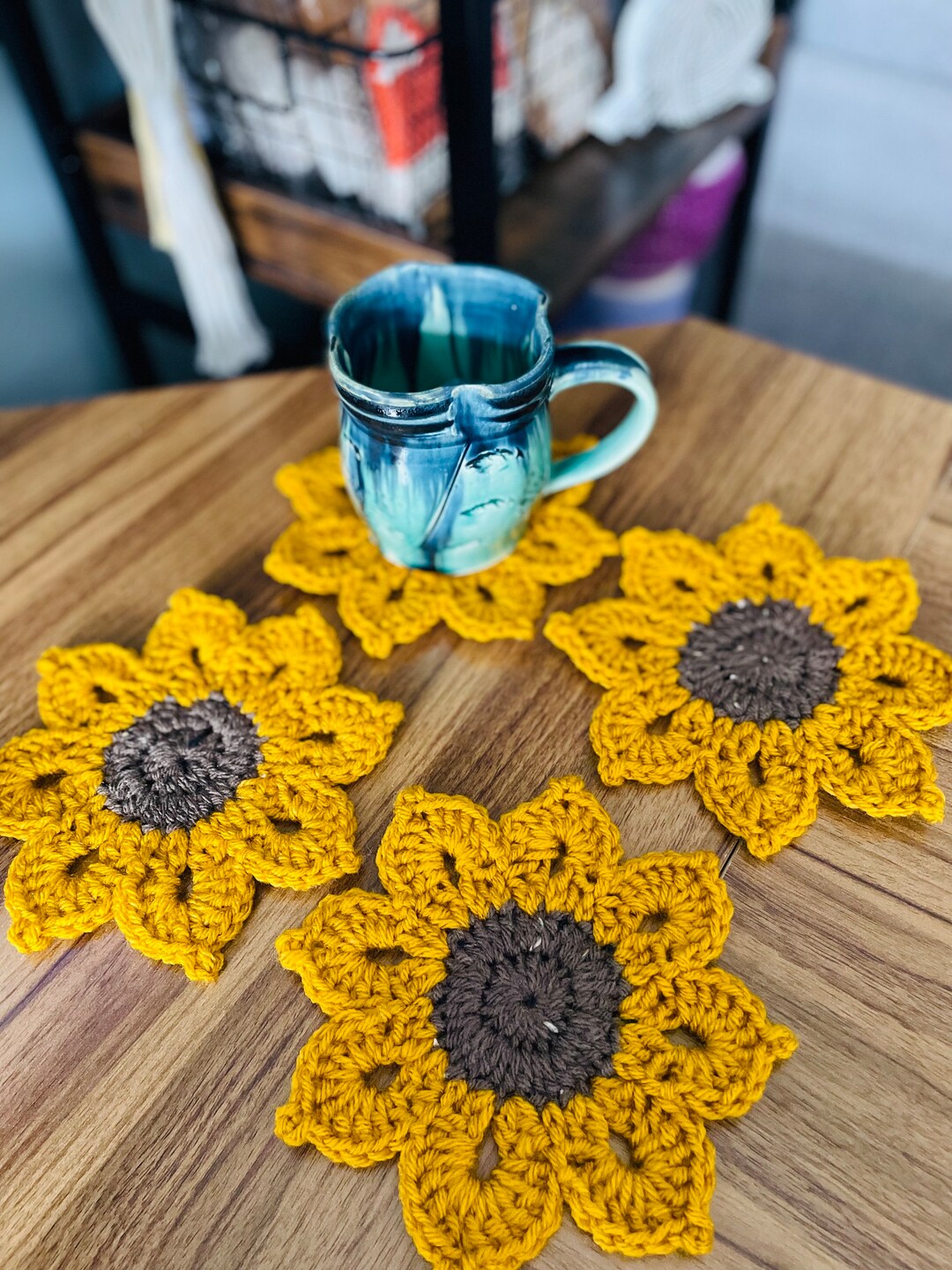 Sunflower Crochet Coaster - Set of 4 - Sunflower - Farmhouse - Coasters ...