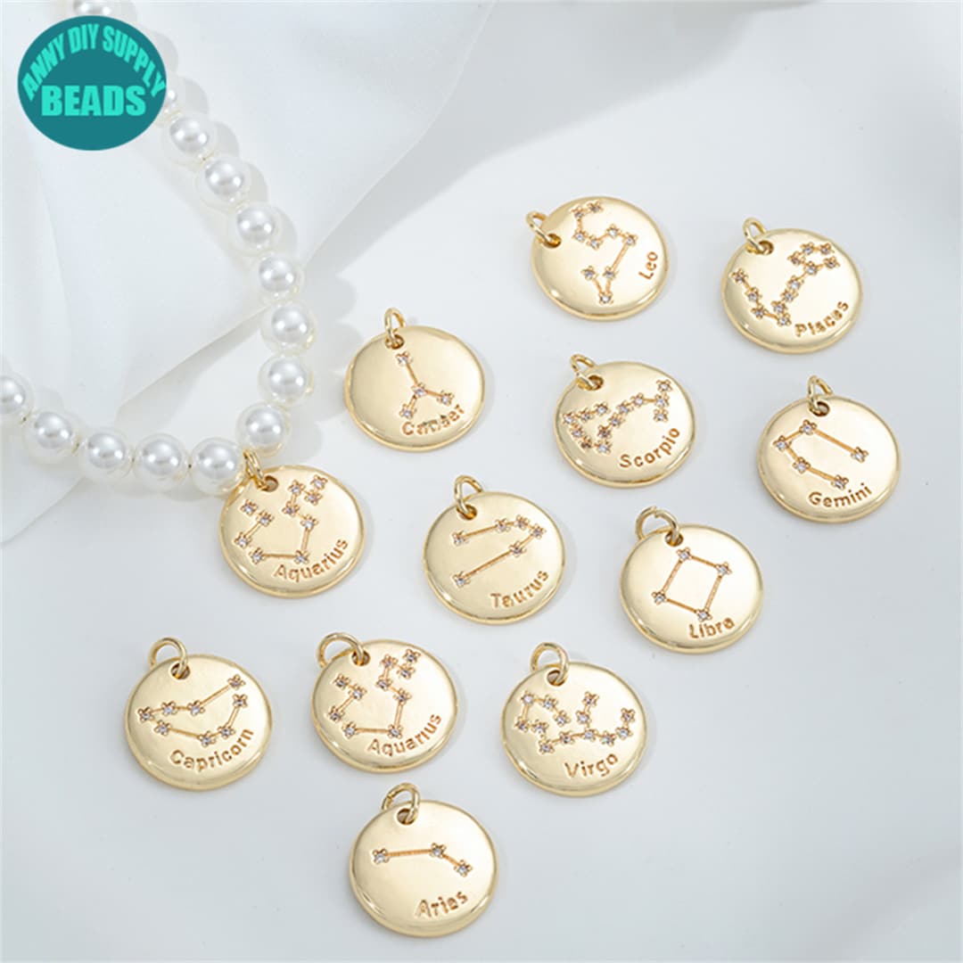 1pc 14k Gold Plated Constellations Charm,zodiac Pendant,zircon Paved ...