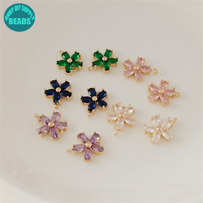 14k Gold Plated Brass CZ Flower Charm Connector: Earring Pendant (12mm ...