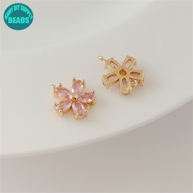 14k Gold Plated Brass CZ Flower Charm Connector: Earring Pendant (12mm ...
