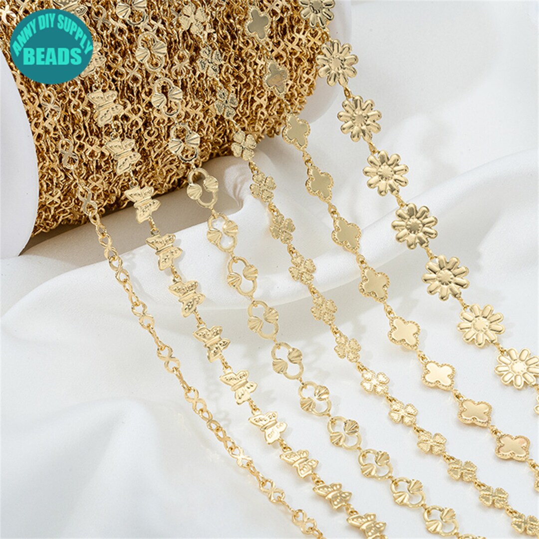 14k Gold Plated Daisy Flower Chain,flower Chain,butterfly Charm Chain ...