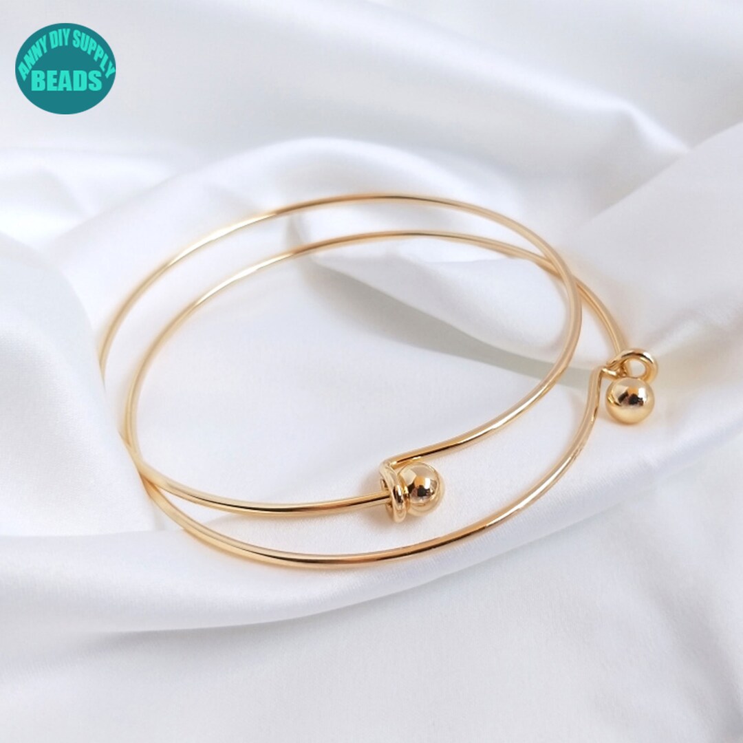 14K Real Gold Plated Brass Bangle With Screw Beads,can Add Large Hole ...
