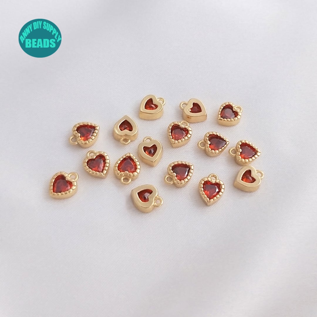 5.2mm 14K Real Gold Plated Brass Red Heart Beads,red CZ Heart Beads ...