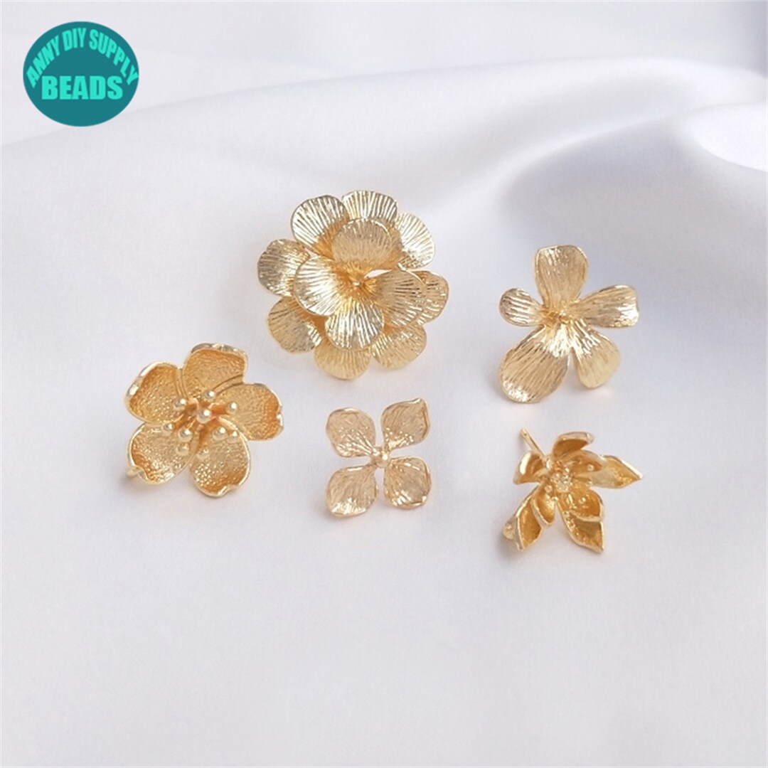 14K Real Gold Plated Brass Earring Stud,flower Earring Stud With ...