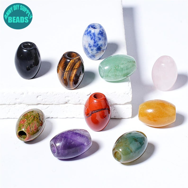 18x13mm Natural Stone Barrel Beads, 4mm Large Hole Mixed Gemstone Oval ...