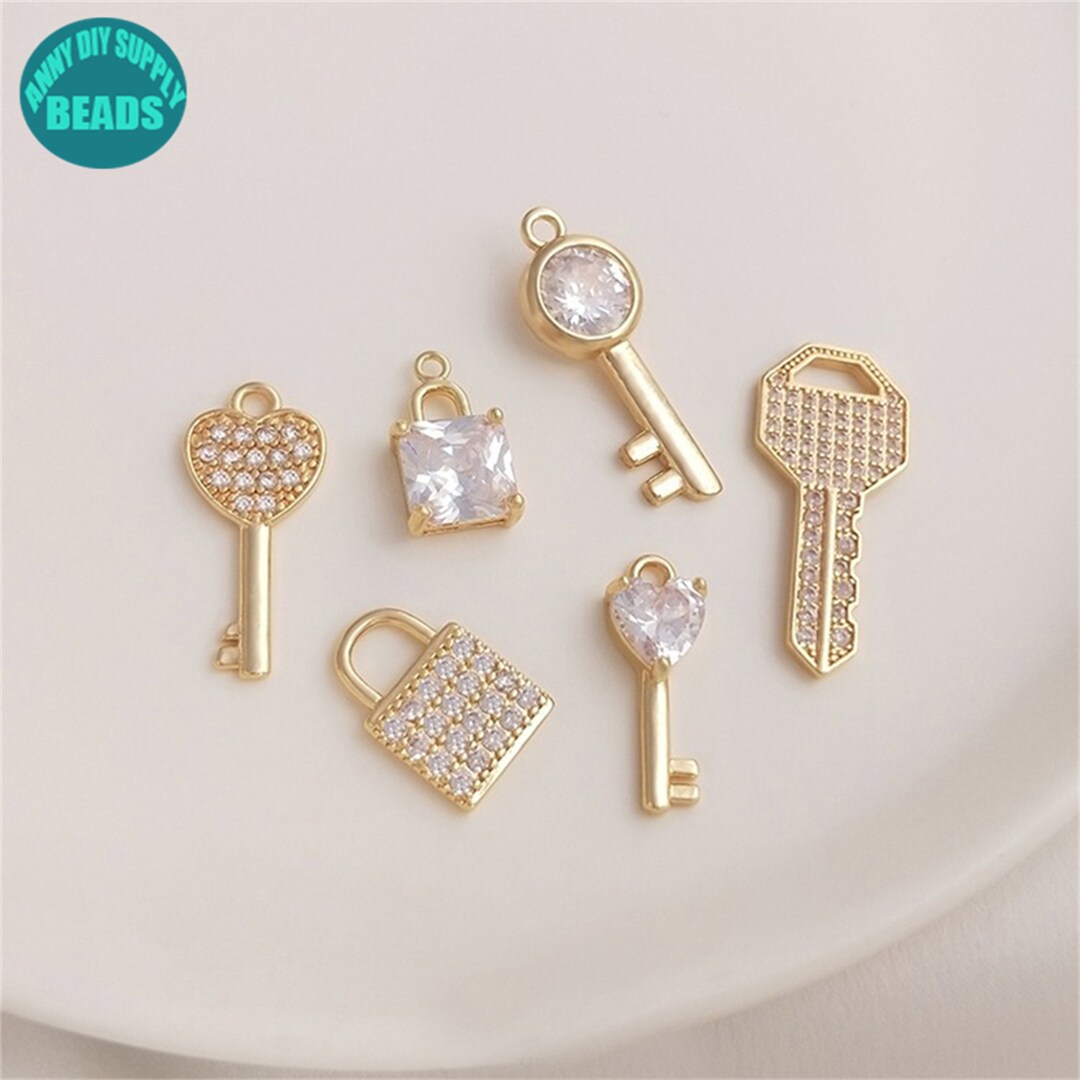 14k Gold Plated Key Charms,zircon Paved Lock and Key Charm,necklace ...