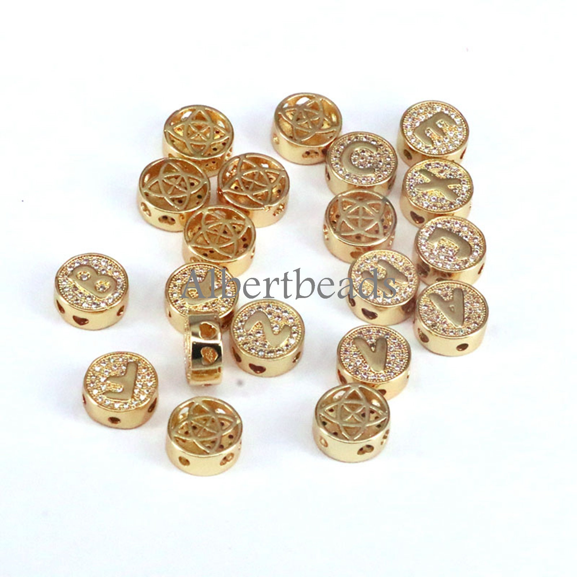 10-26PCS, Initial Letter Bead Charms, Brass Pave White CZ Flat Round ...