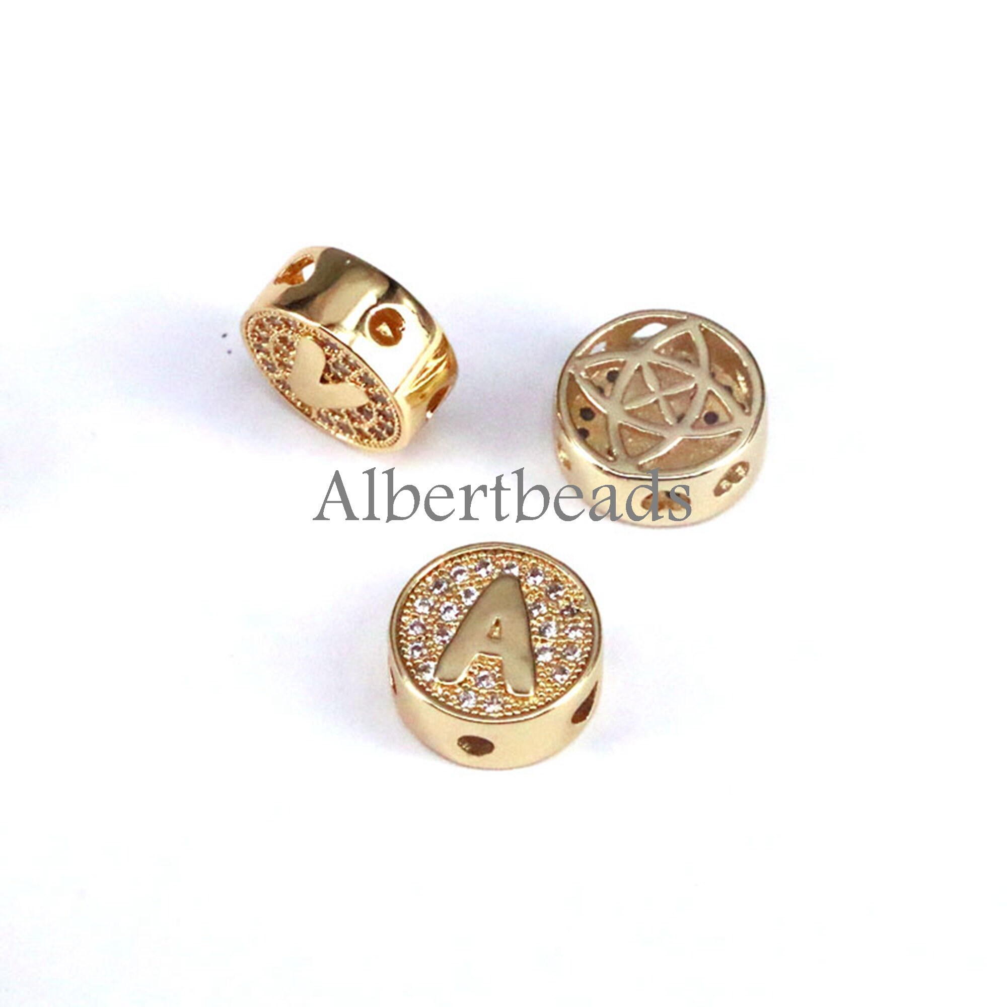 10-26PCS, Initial Letter Bead Charms, Brass Pave White CZ Flat Round ...