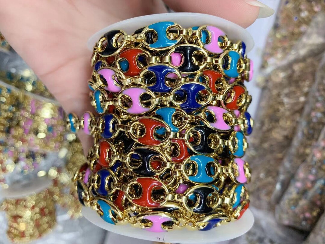 3 5meters, Gold Plated Chunky Coffee Bean Link Chain, Multicolor Enamel ...