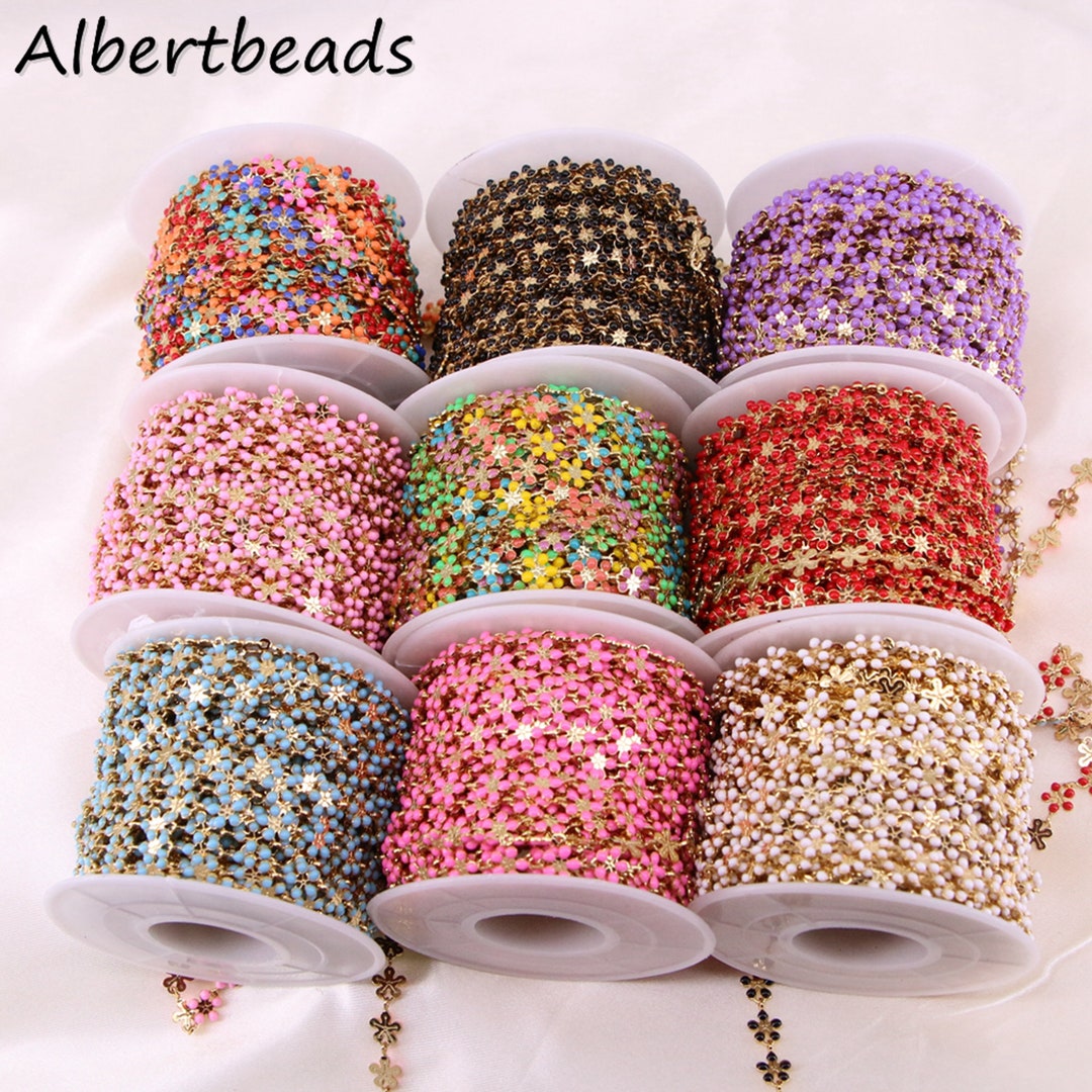 5 Meters, Enamel Flower Chain, Unplated Raw Brass Designer Chain 8mm ...