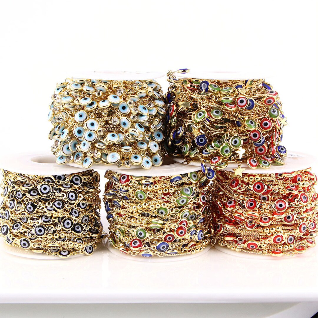 5 Meters, Gold Evil Eye Drop Rosary Chain, Beaded Chains, Enamel Chain ...