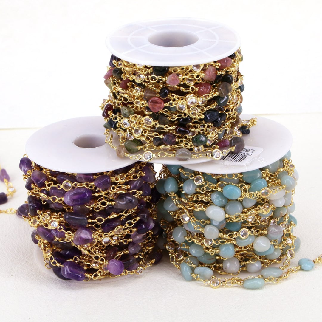 3 Meters, Nature Stone Bead Chain, Quartz Beaded Chains, 18K Gold ...