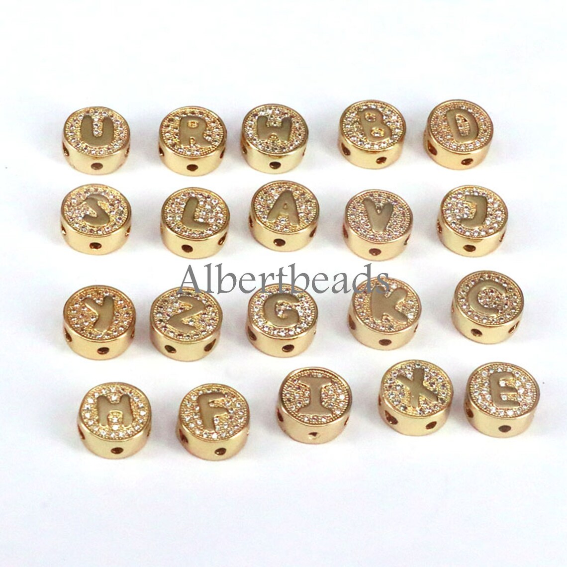 10-26PCS, Initial Letter Bead Charms, Brass Pave White CZ Flat Round ...