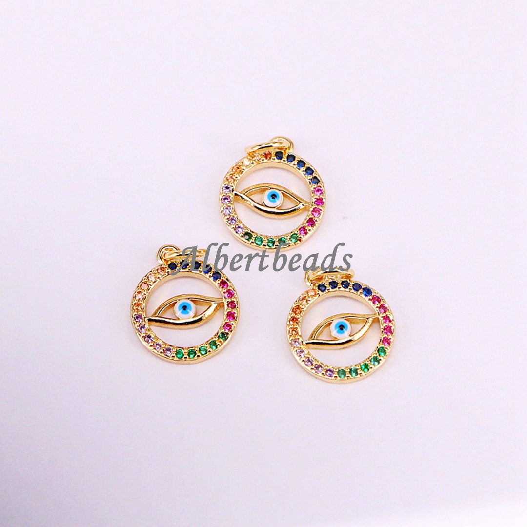 A348-5864 Blue Eye With Rainbow Zirconia CZ Stone Round Pendant Charms ...