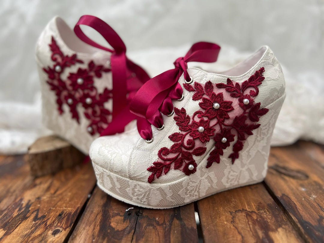 Burgundy Wedding Shoes, Wedge Heel Bridal Shoes, Dark Red Bride Shoes ...
