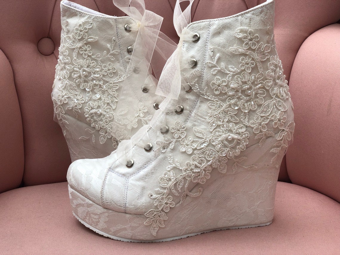 Wedding Wedge Lace Boots Wedding Wedges for Bride Heeled - Etsy