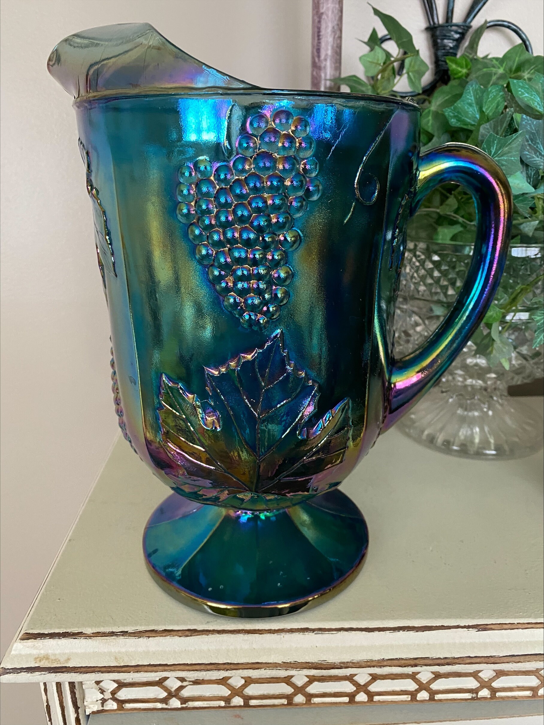 Vintage Electric Blue Purple Carnival Glass Pitcher Grape and Leaf ...