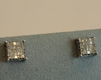 14k Invisible Diamond Princess Cut Set Stud Earring White Gold - Etsy
