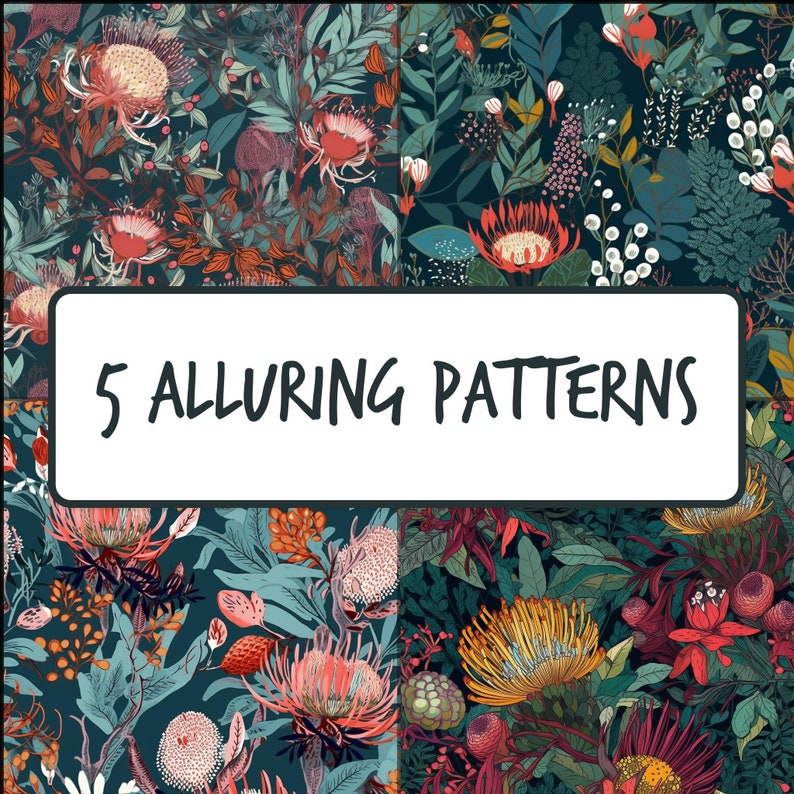 5 Australian Flora and Fauna Digital Seamless Patterns Featuring Plants ...