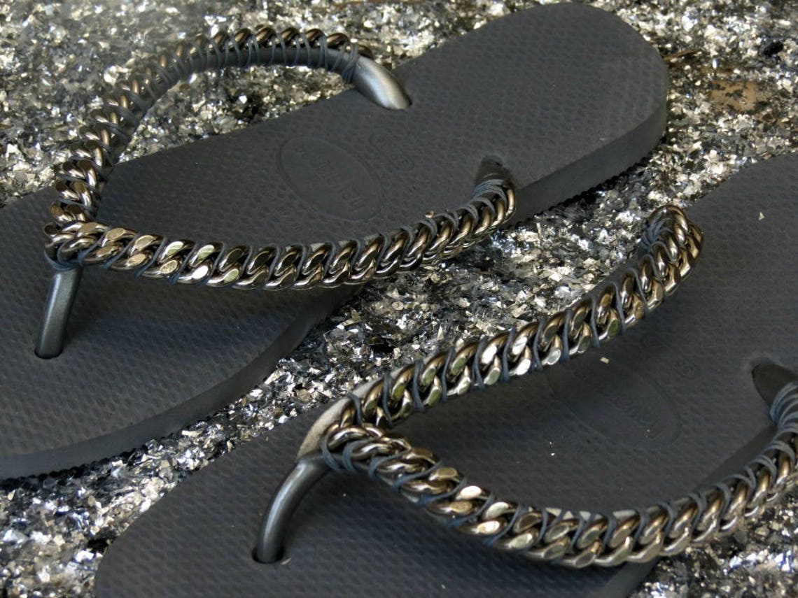 Silver Decorated Havaianas Flip Flops, Silver Curb Chain Custom Sandals ...