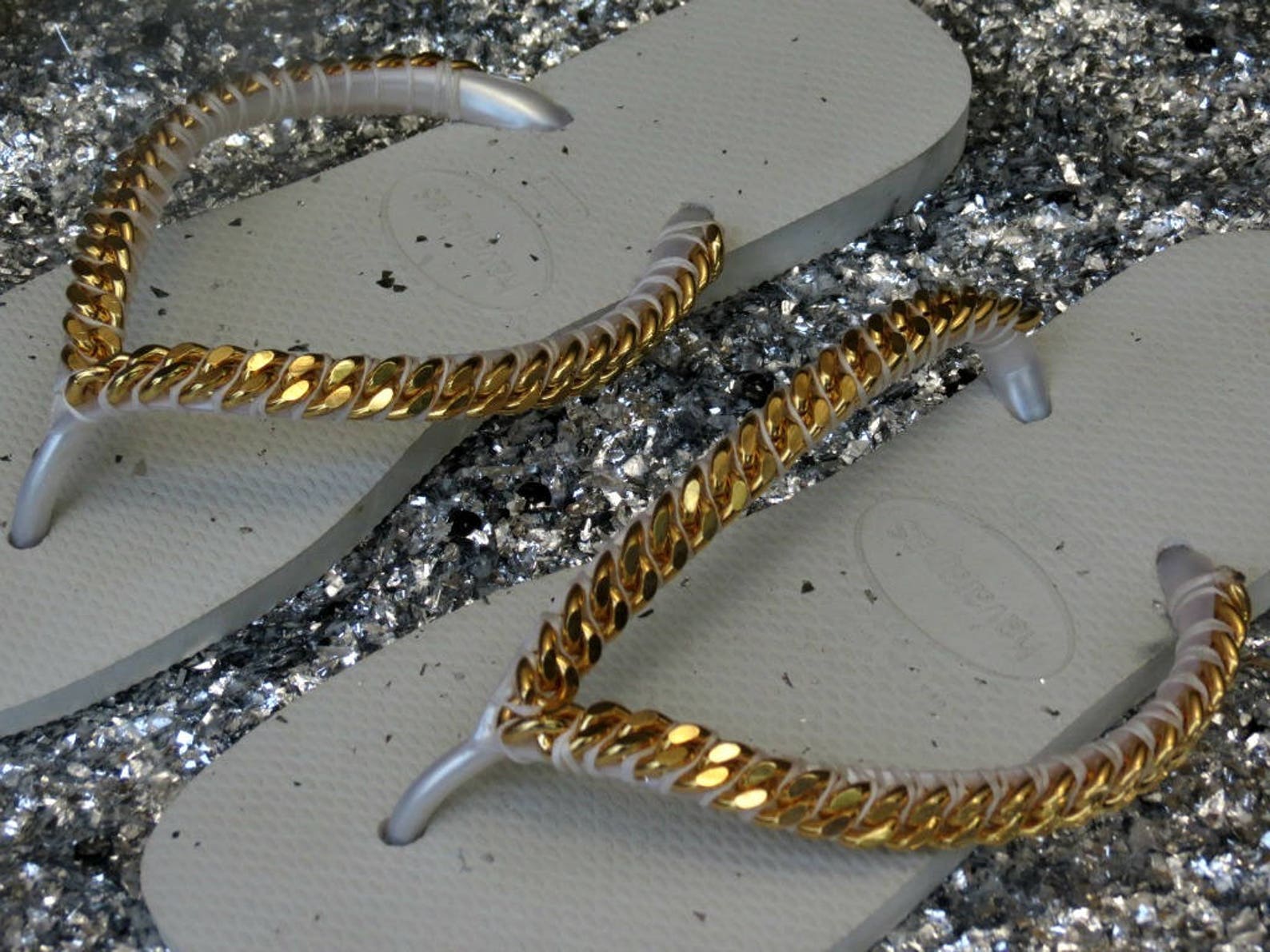 White Decorated Havaianas Flip Flops Gold Curb Chain Custom - Etsy