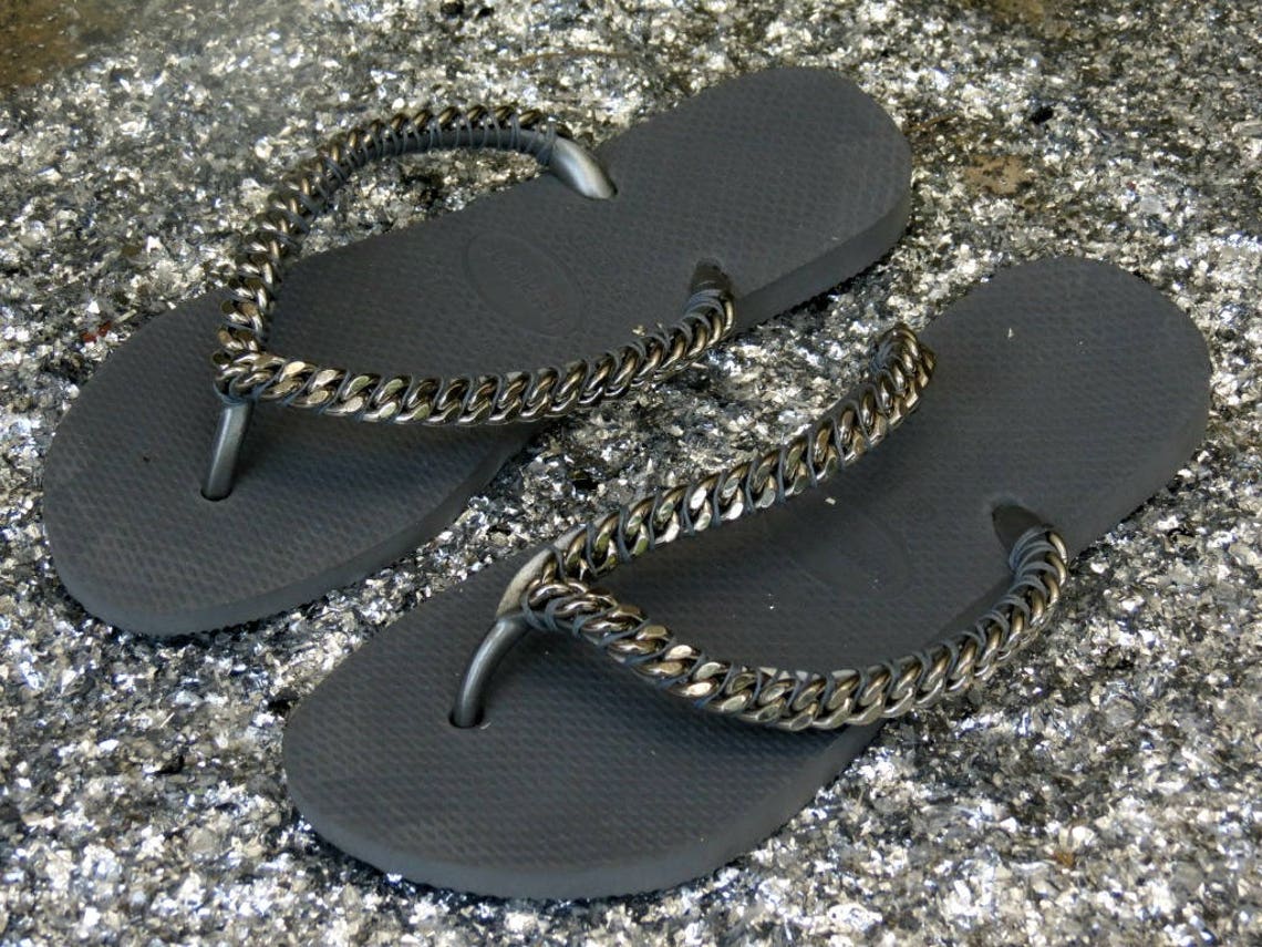 Silver Decorated Havaianas Flip Flops, Silver Curb Chain Custom Sandals ...
