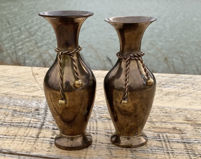 2 India Brass Vintage Small Bud Vases With Rope Tassel Tie Attached ...