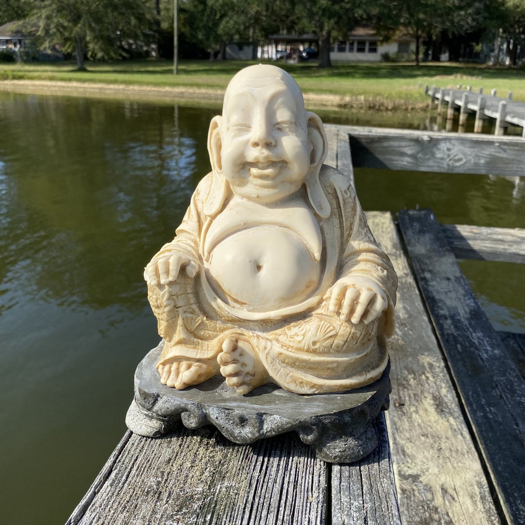 Large Vintage Budda Statue Ivory Look on Footed Base - Heavy Resin Over ...