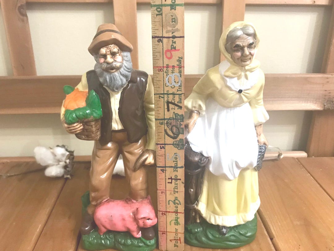 Porcelain Figurine Statue Set / Old Man With Pig and Old Women Farming ...