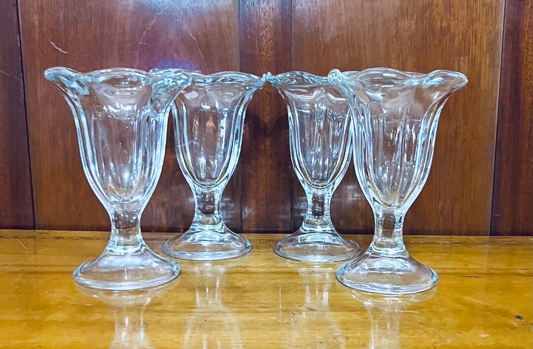 4 Milkshake Ice Cream Sundae Footed Glasses 6" Tall Heavy Glass Thick ...