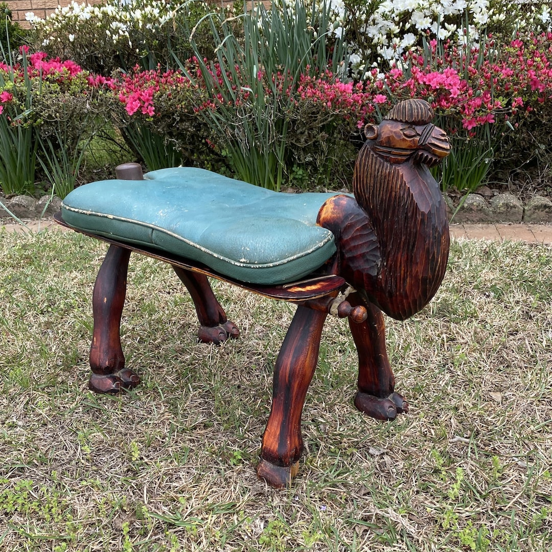 Vintage Camel Leather Saddle Stool - Hand Carved Wooden Camel With ...