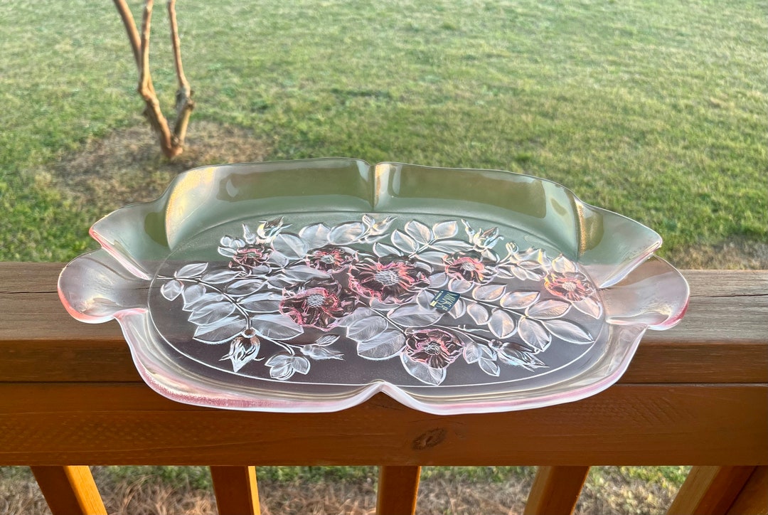 Beautiful Pink Glass Tray W Etched Glass And Flowers Glass Etsy