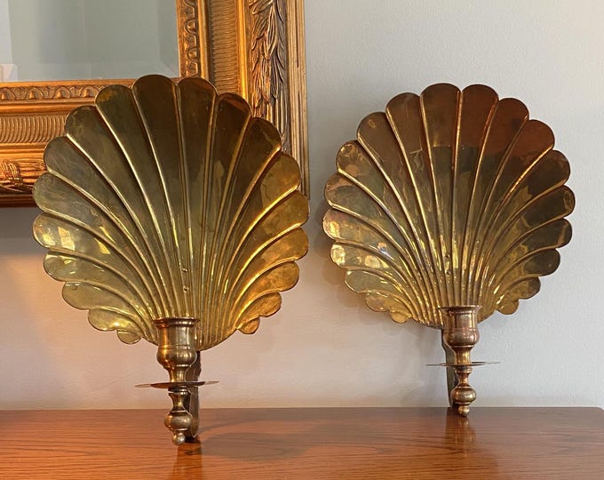 Set of 2 Vintage Brass Shell Wall Sconces - Fan Plate Shell Candle ...