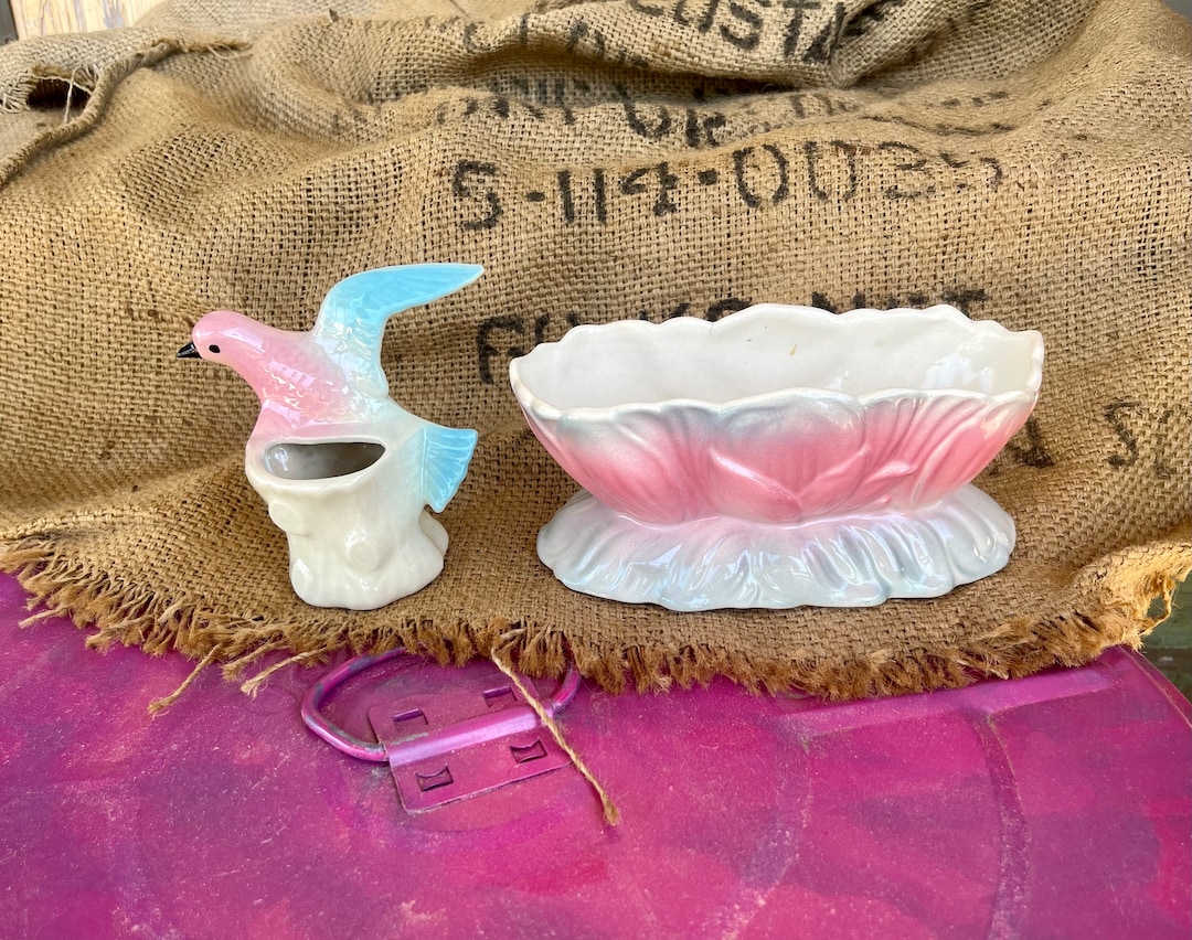 Vintage Royal Copley Lotus Flower Planter Pastel Bird Planter Ceramic ...