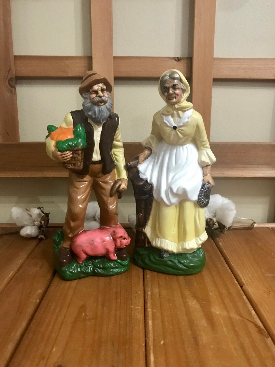 Porcelain Figurine Statue Set / Old Man With Pig and Old Women Farming ...