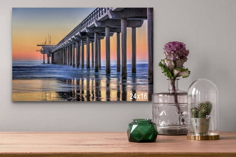 Scripps Pier Laboratory at Sunset, Sunset Beach Pier Photograph in San Diego, Wall Art, Coastal ...