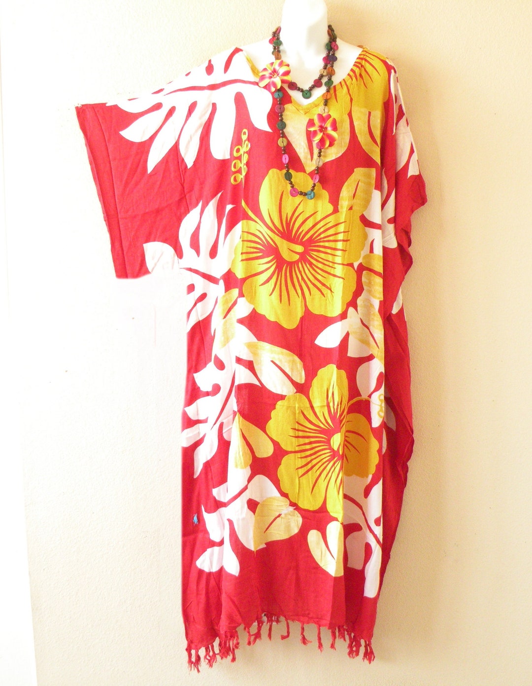 KD328 Red Floral Batik Hibiscus Rayon Kaftan Caftan Kimono Sleeve Abaya ...