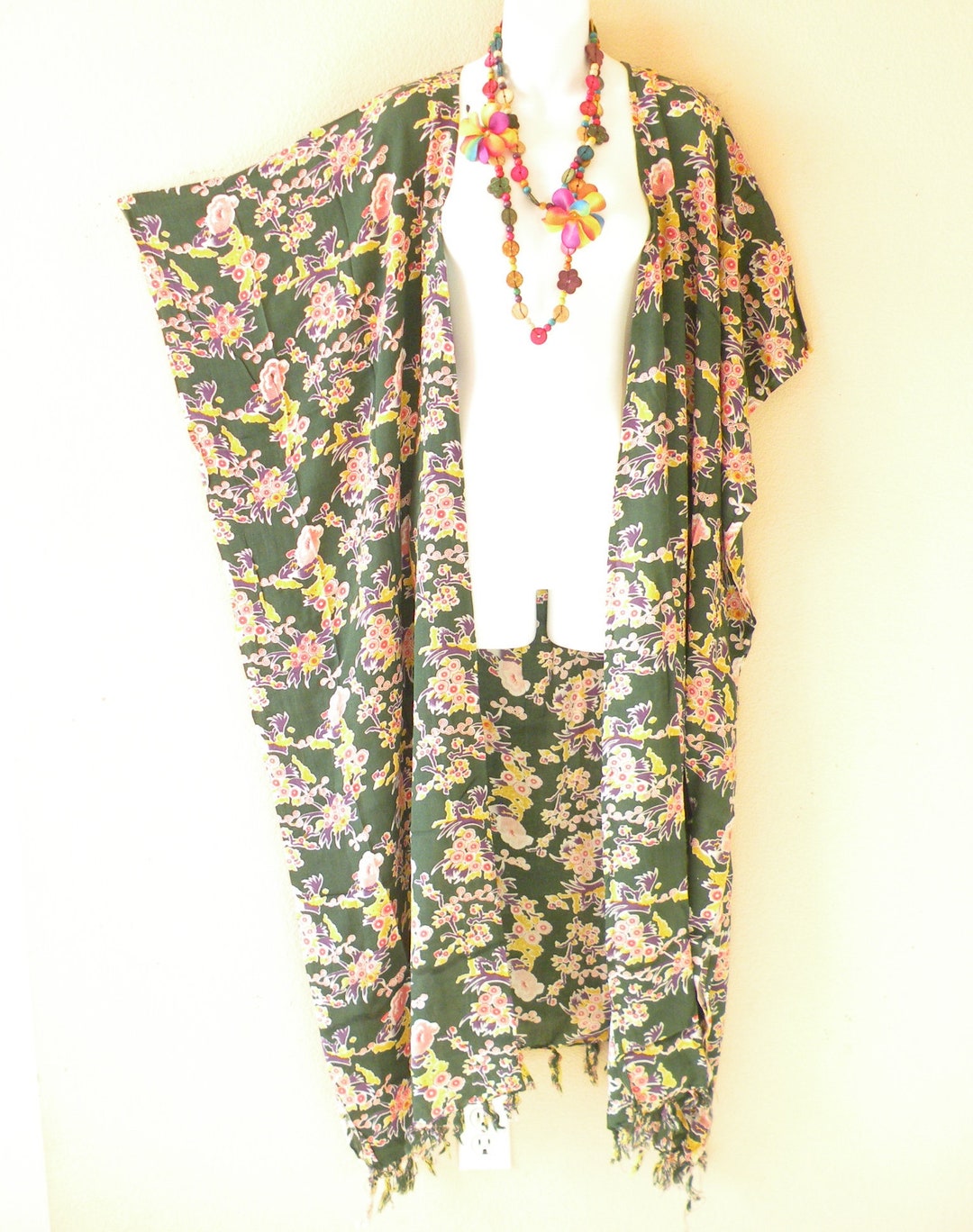 CD505 Green Batik Floral Women Plus Caftan Kaftan Maxi Kimono Cardigan ...
