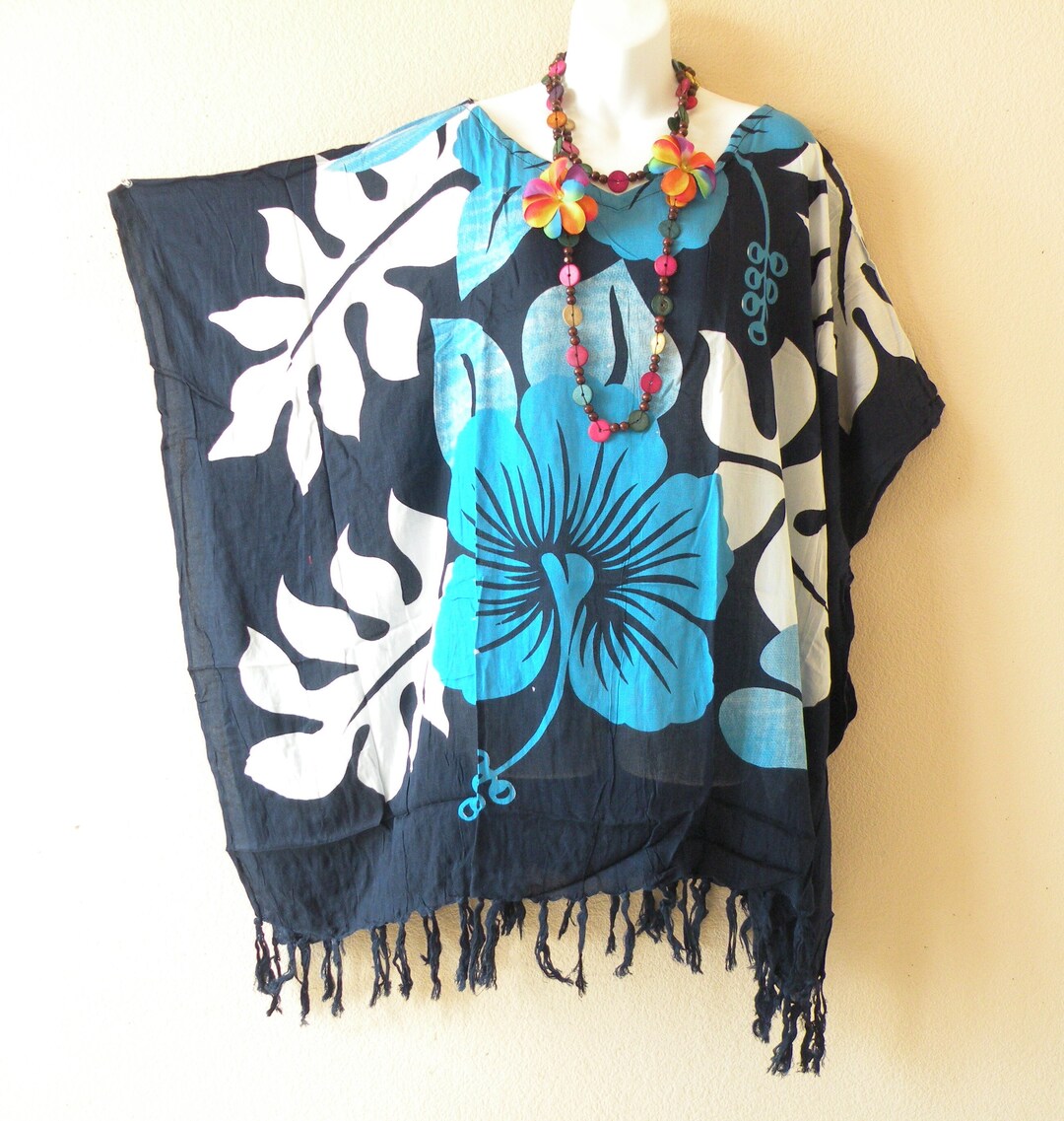 KB291 Blue Hibiscus Floral Batik Plus Size Kimono Kaftan Caftan Women ...