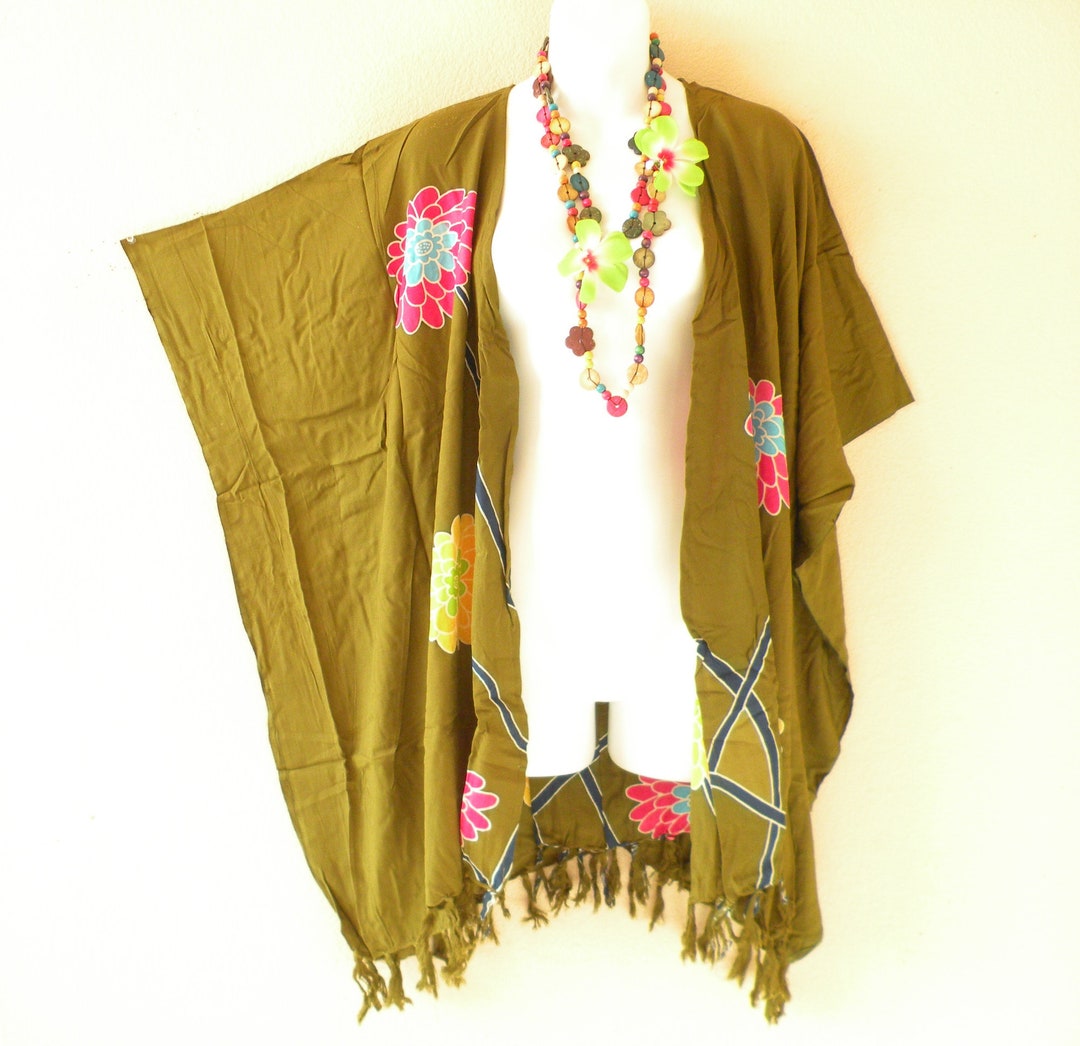CB617 Olive Green Floral Batik Plus Size Kaftan Cardigan Duster Jacket ...