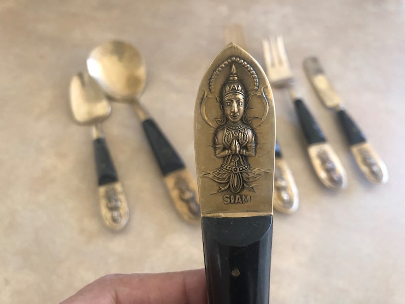 Vintage Wood Asia Thailand Siam Buddha Blessing Formal Bronze Mid ...