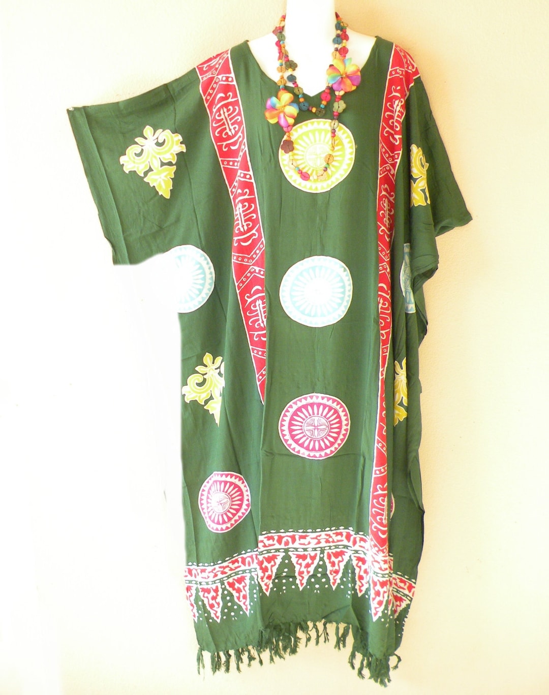 KG36 Abstract Medallion Batik Hand Painted Plus Size Kaftan Caftan Kimono Beachwear Maxi Dress ...