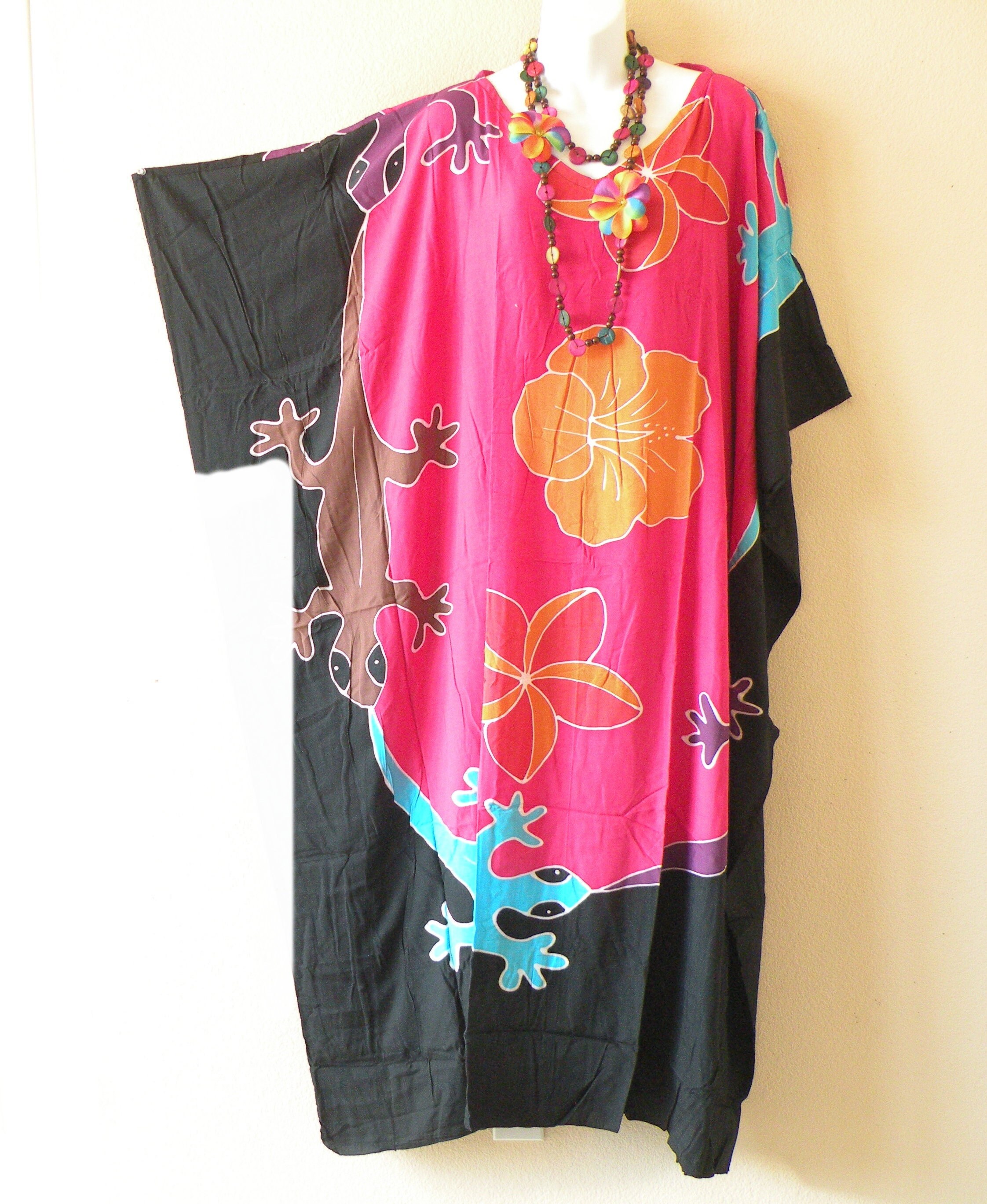 KG41 Gecko and Floral Batik Hand Painted Plus Size Kaftan Caftan Kimono ...