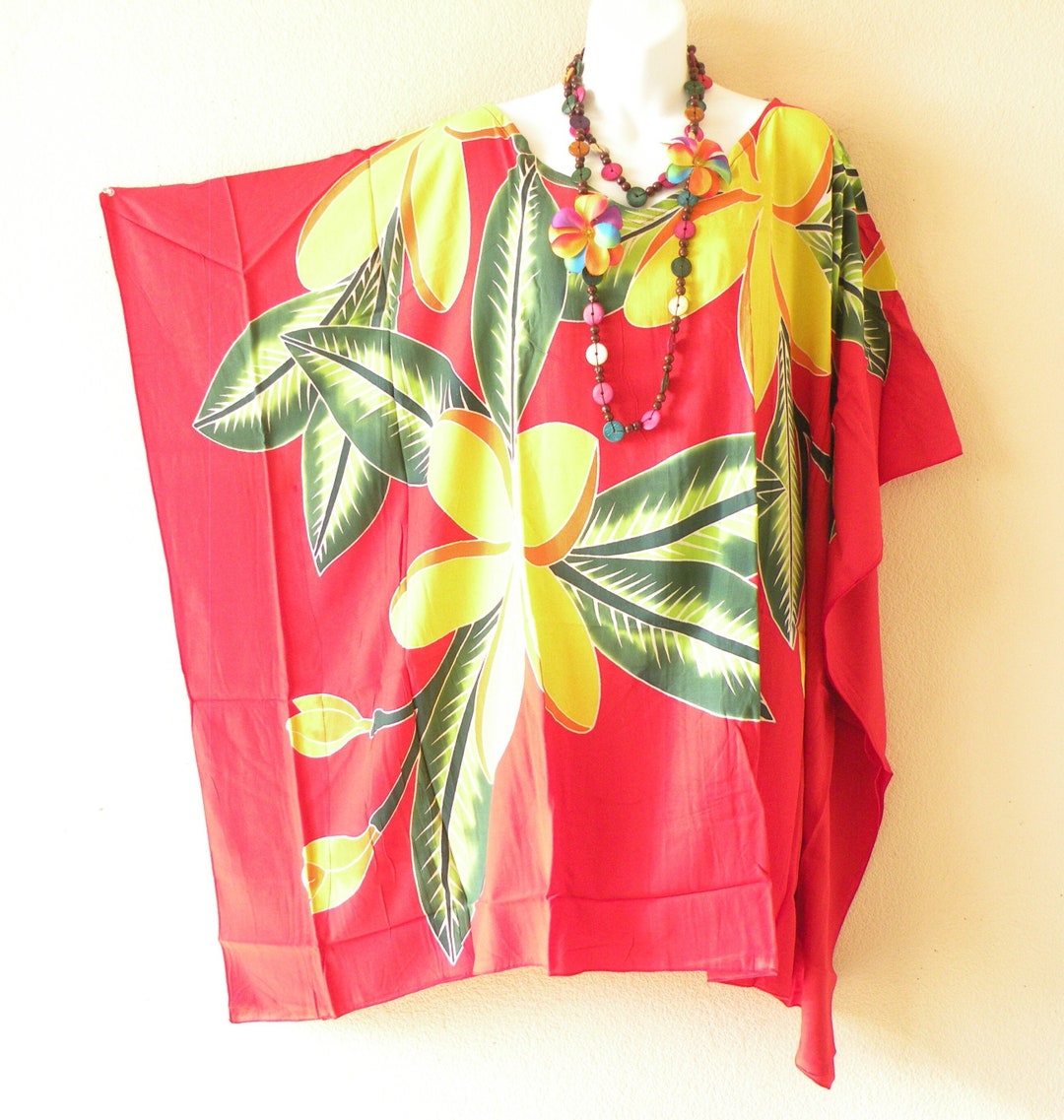 KB329 Red Floral Batik Hand Painted Women Plus Size Kaftan Caftan Women ...