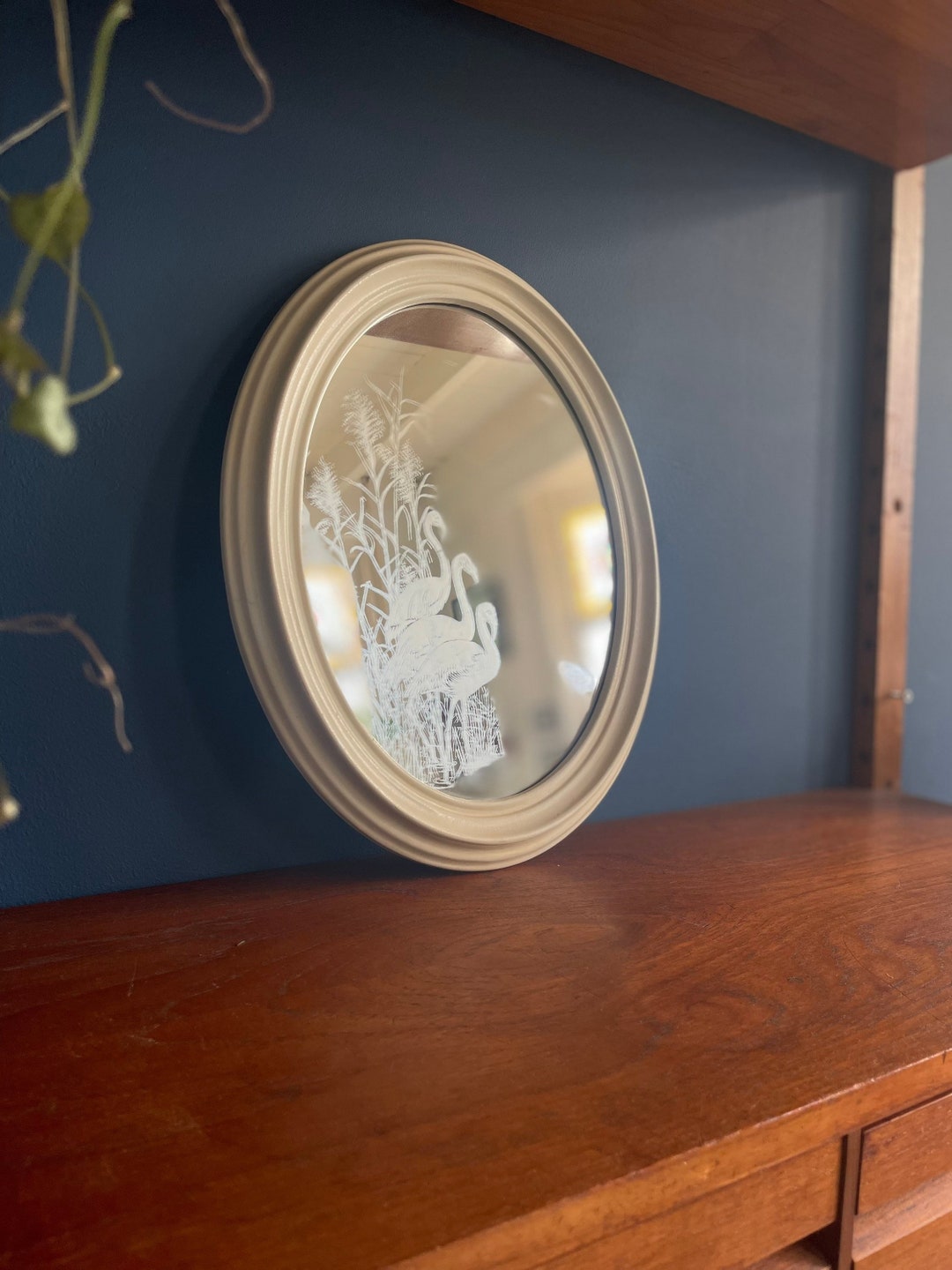 Oval Round Mirror With Frame and Etched Flamingos, Etching Art Flora ...
